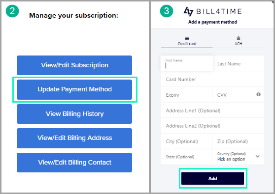 Update Account Billing Method – Bill4Time Support